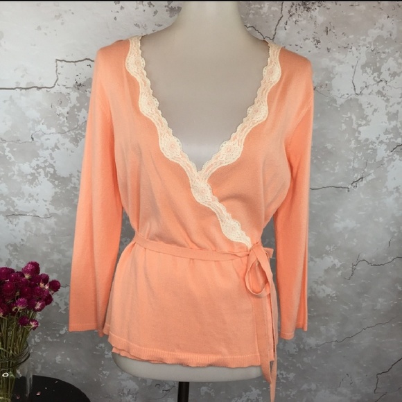 LOFT | Tops | Loft Peach Wrap Top With Ivory Lace Trim | Poshmark